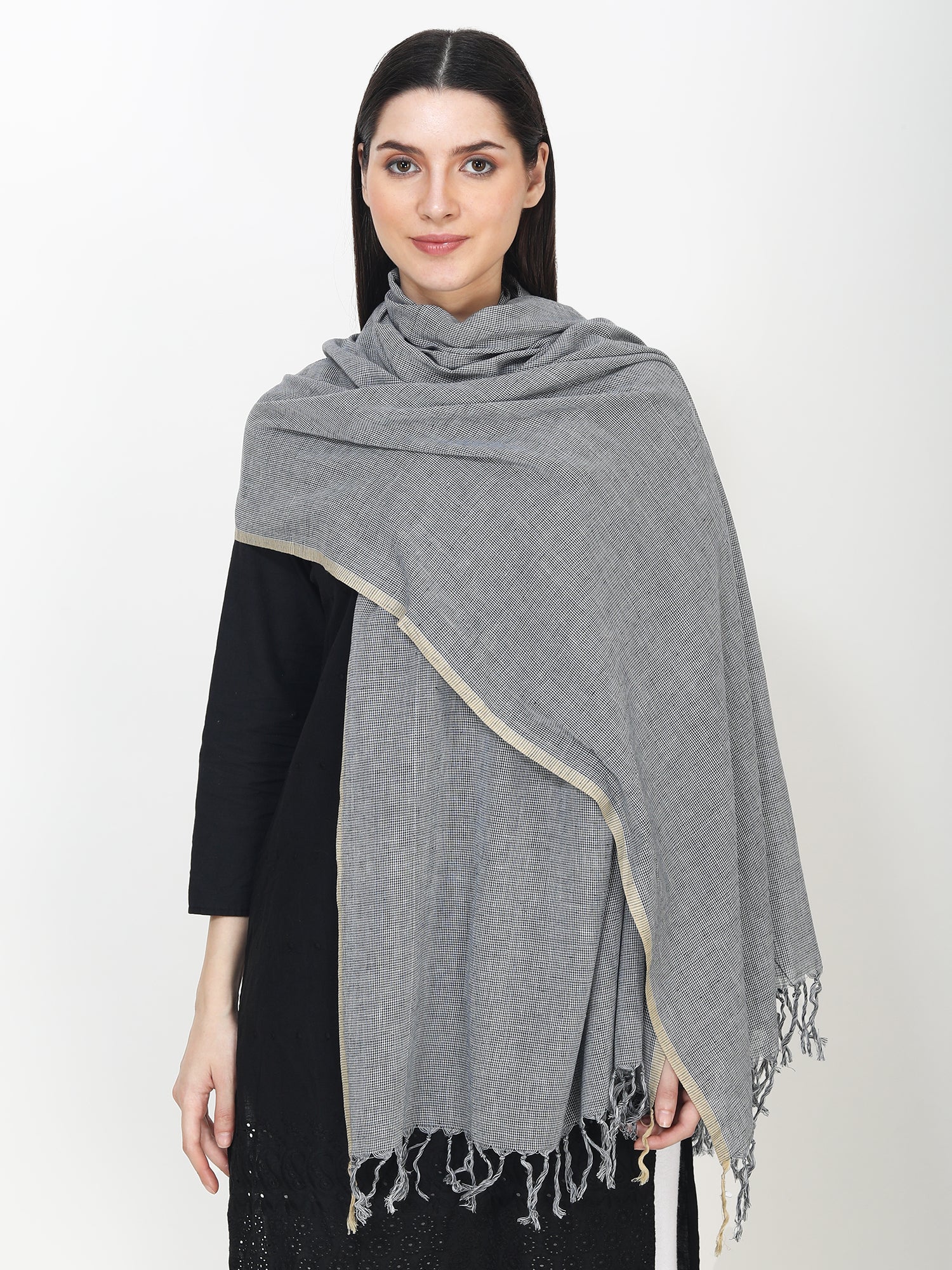 Woven design pure cotton black and white stole